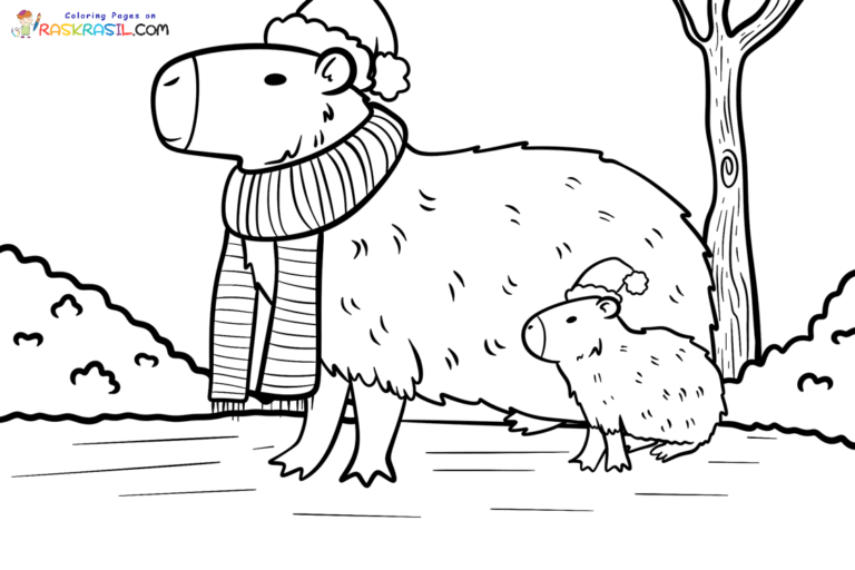 Christmas Capybara Coloring Pages | Free Printables