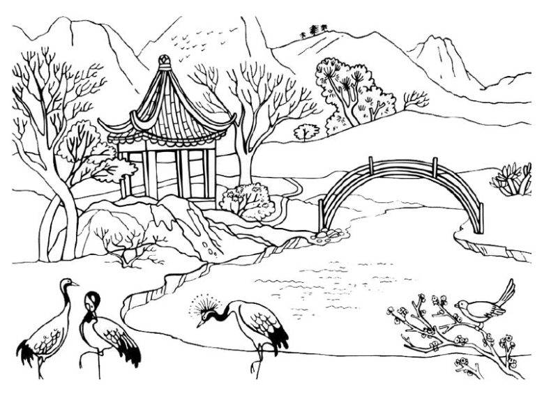Disegni da colorare Natura. Paesaggio, foresta, montagne, mare, isola